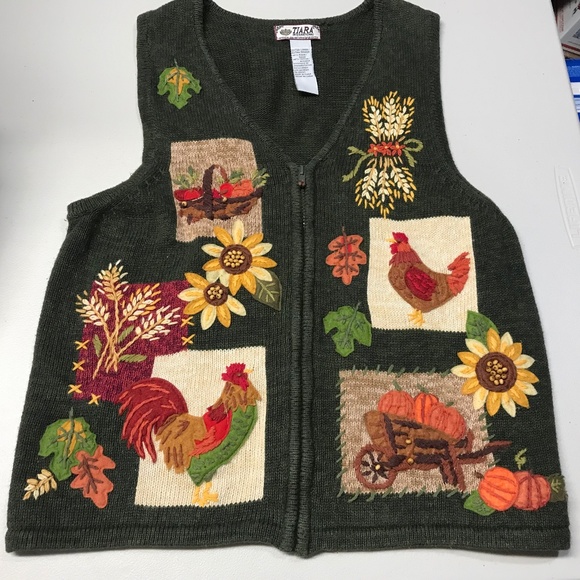 Tiara | Sweaters | Tiara Vintage Fall Vest Roosters Pumpkins Leaves Xl ...